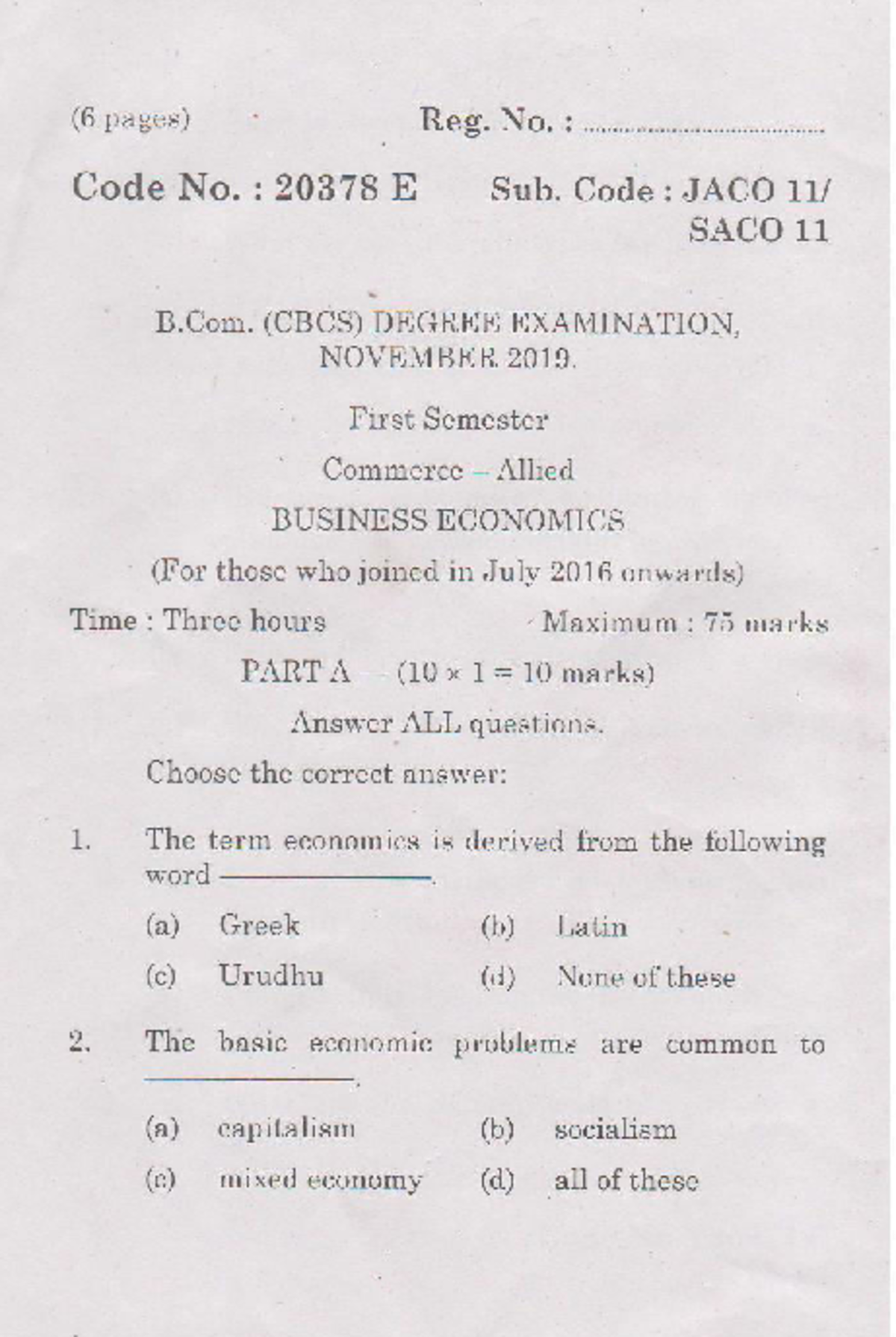 Business Economics Question Papers - (6 pages) Reg. No ...