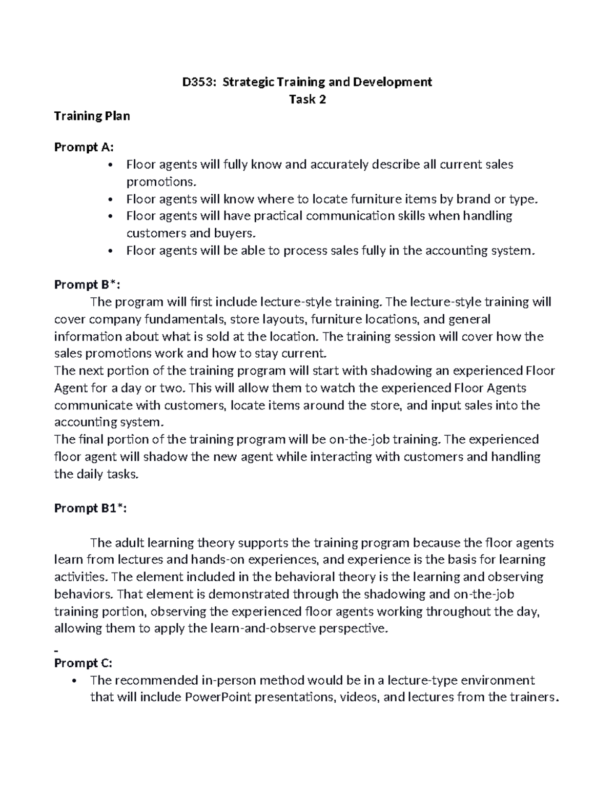 D353: Strategic Training Plan for Floor Agents - Task 2 - Studocu