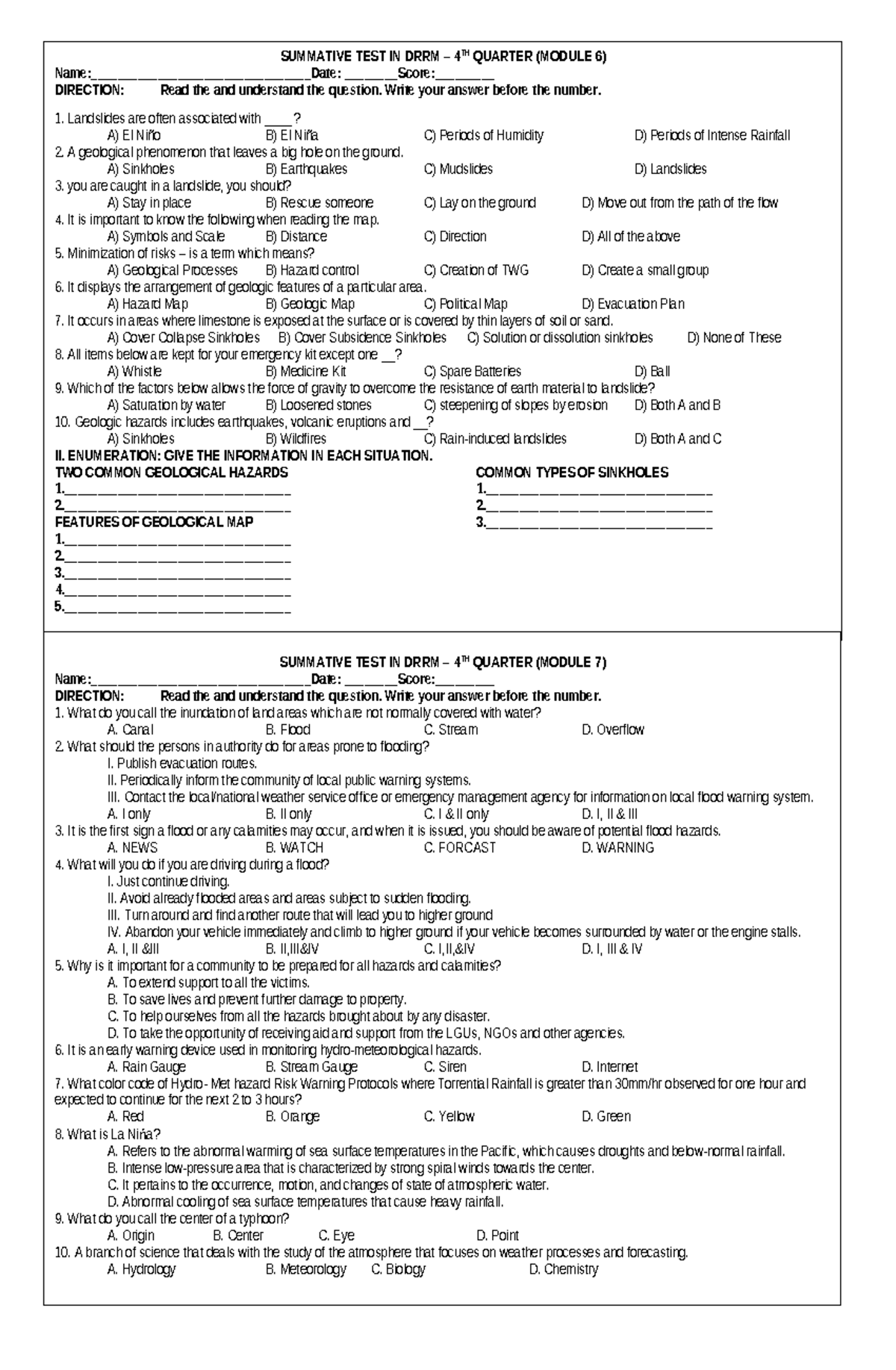 4TH QTR Summative TEST in DRRM, Practical Research 1 & Statistics - Studocu