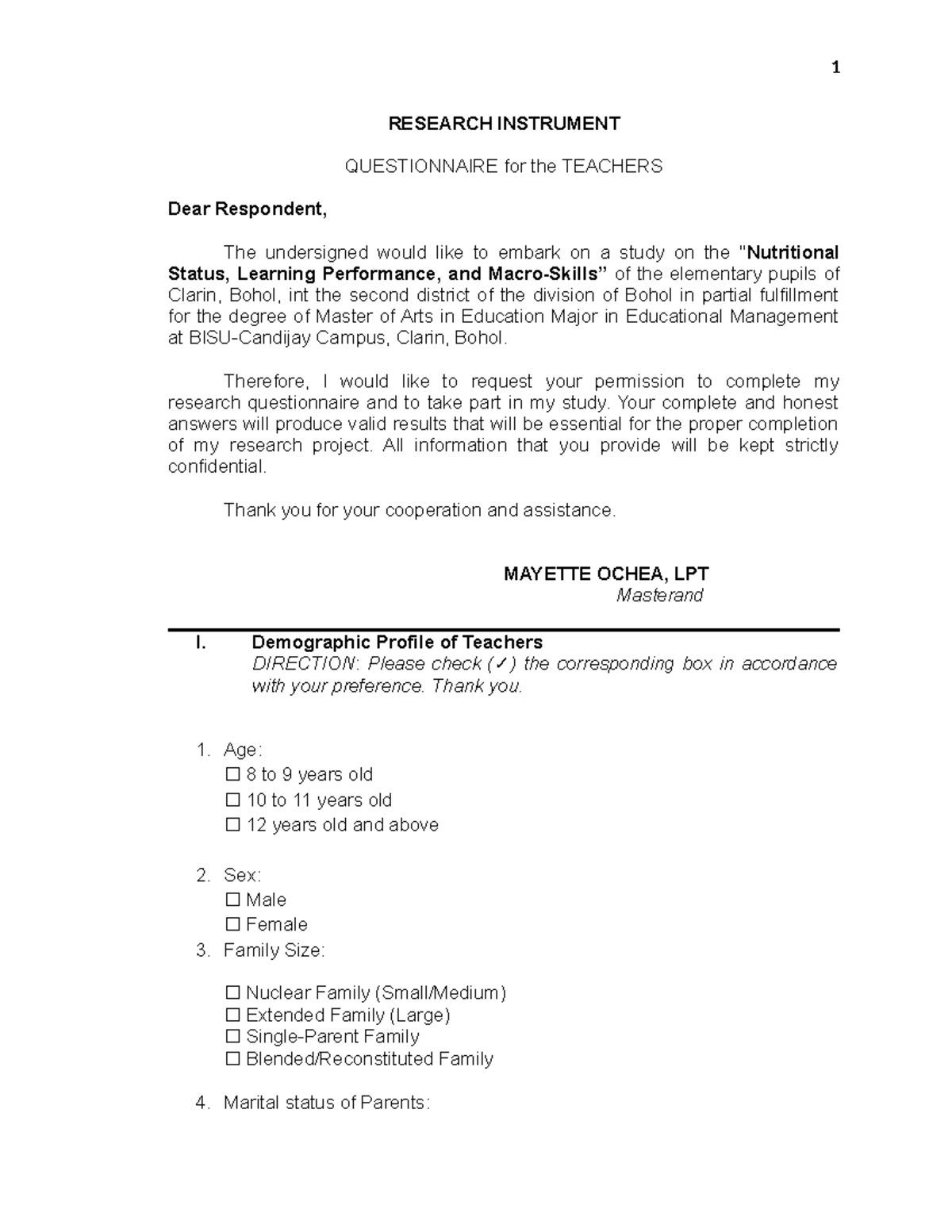 Research Instrument Questionnaire: Nutritional Status & Learning ...