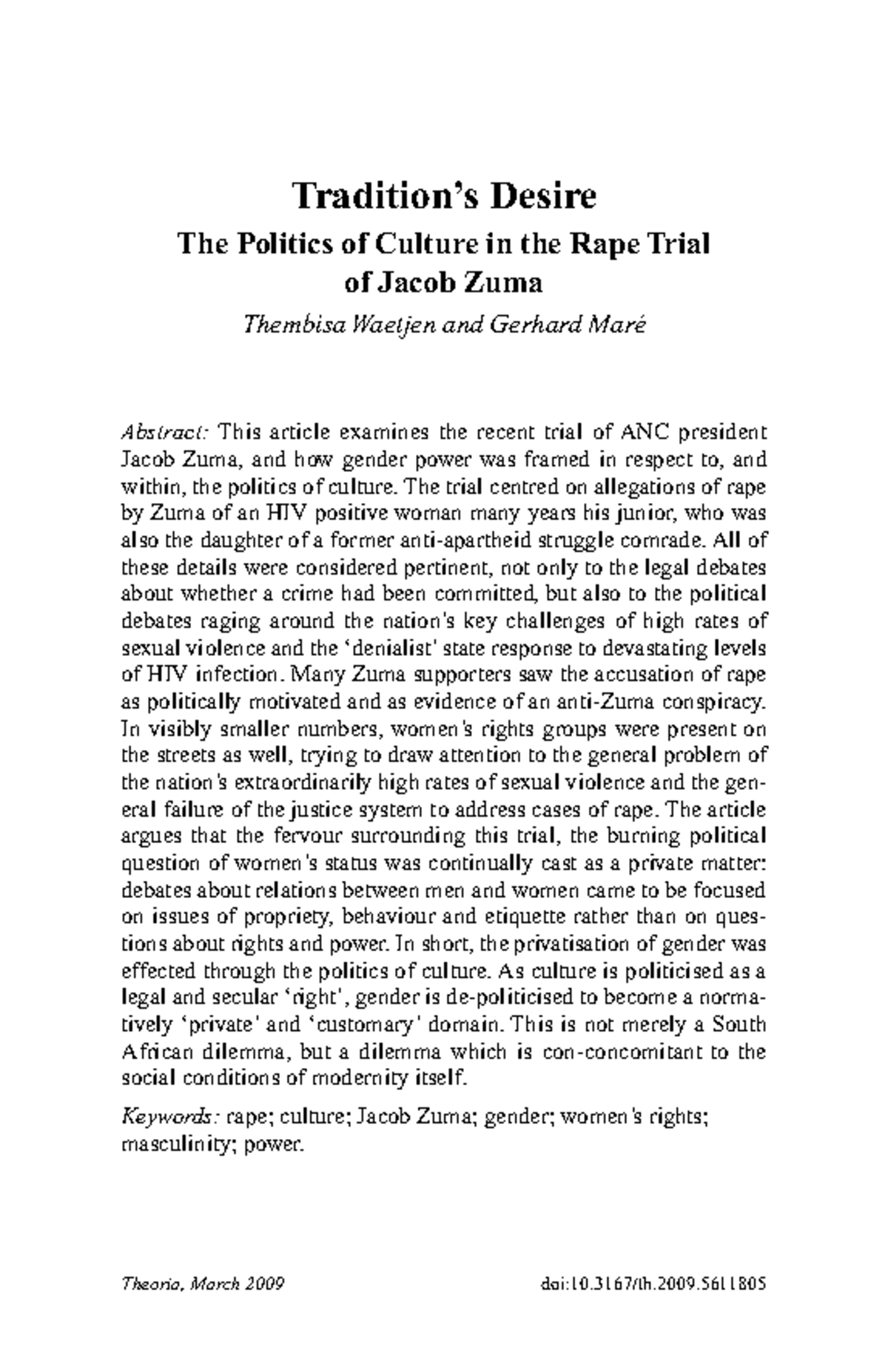 Desire and Culture: The Politics of Jacob Zuma's Rape Trial (Theoria ...