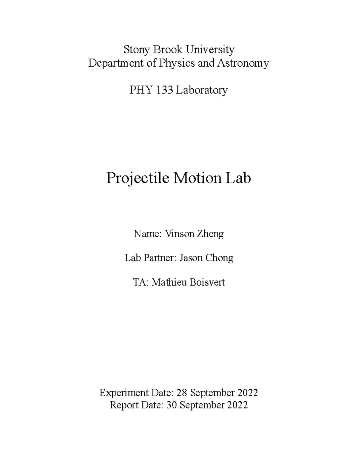 PHY 133 Projectile Motion Lab Report: Analysis and Results - Studocu