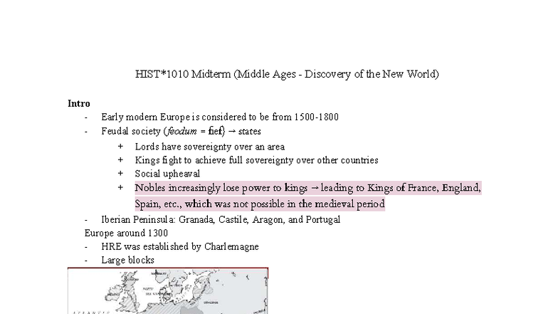 HIST 1010 Midterm (Middle Ages - Discovery of the New World) - , which ...