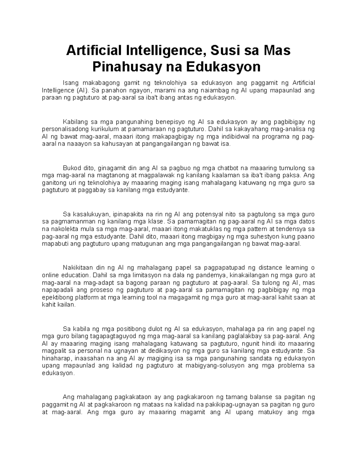 Kahalagahan ng Artificial Intelligence sa Modernong Edukasyon - Studocu