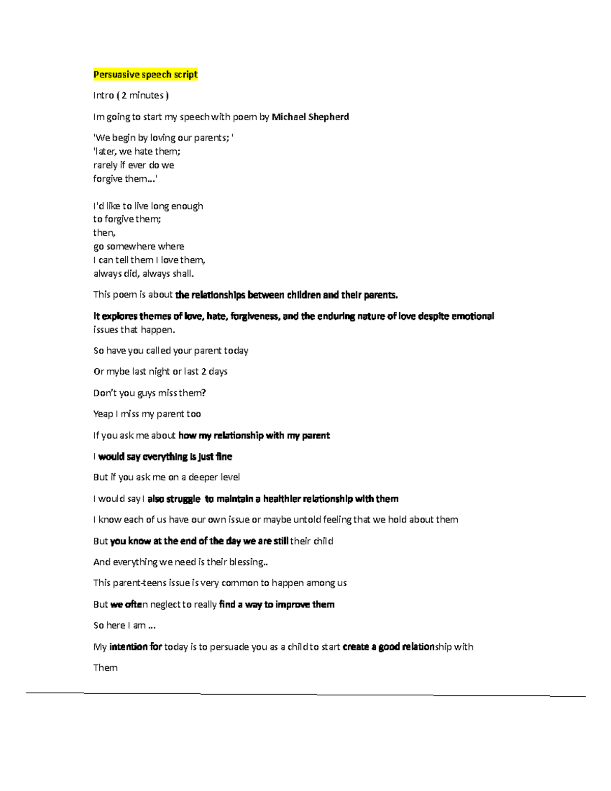 Persuasive Speech Script: Strengthening Parent-Child Bonds - Studocu