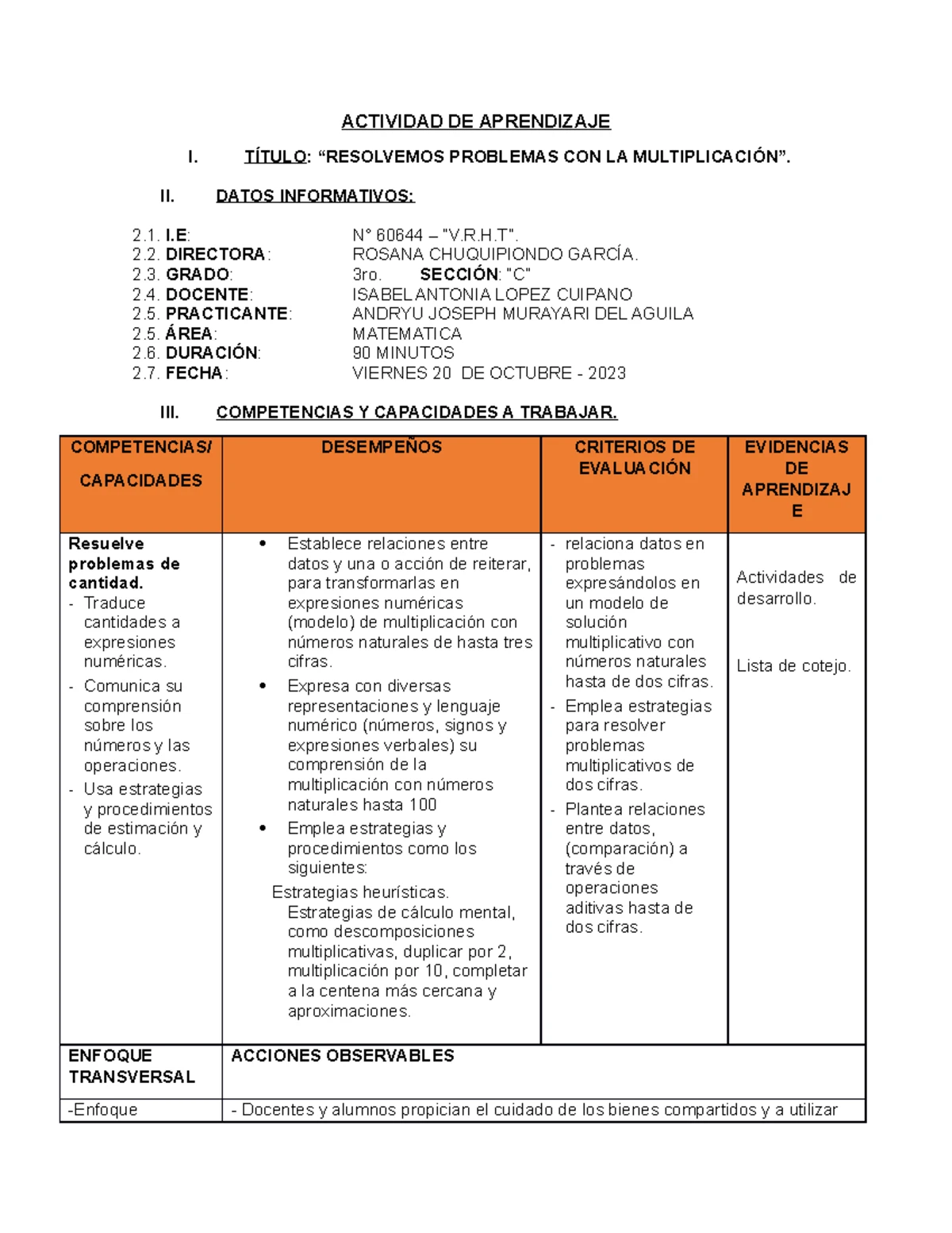 Sesion DE Multiplicacion- Tercer Grado - ACTIVIDAD DE APRENDIZAJE I. TÍTULO: “RESOLVEMOS ...