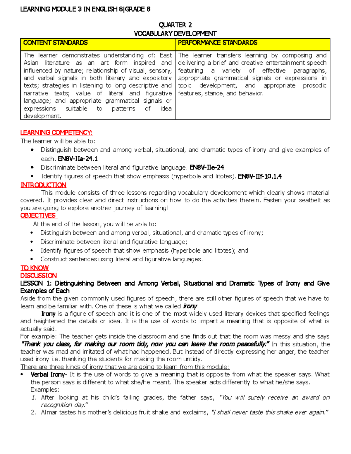 Grade 8 - Q2 Lesson Plans: Weeks 5-6 on Vocabulary & Irony - Studocu