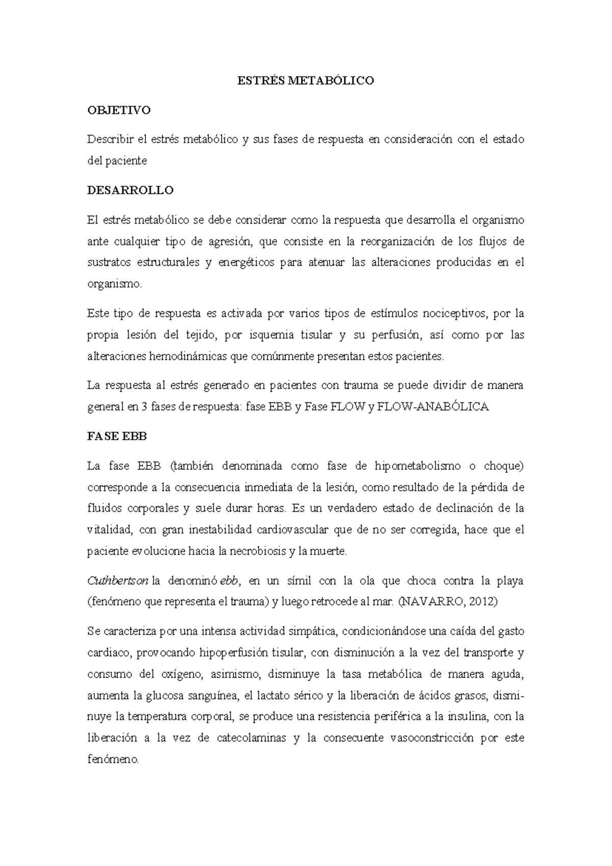 ESTRÉS METABÓLICO: Fases de Respuesta y Terapia en Pacientes - Studocu