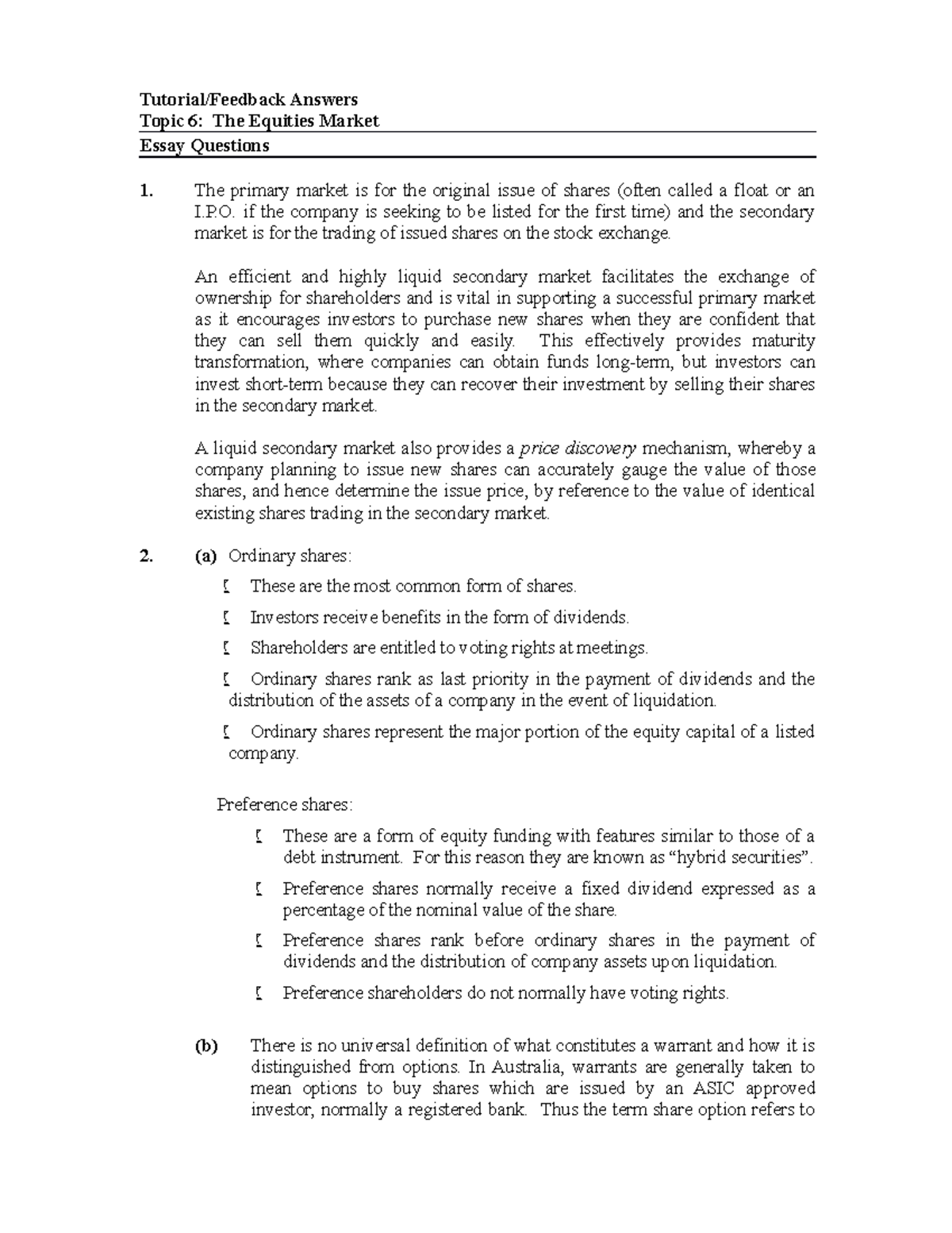 Topic 6 Tut Answers - Tutorial/Feedback Answers Topic 6: The Equities Market Essay Questions 1 ...