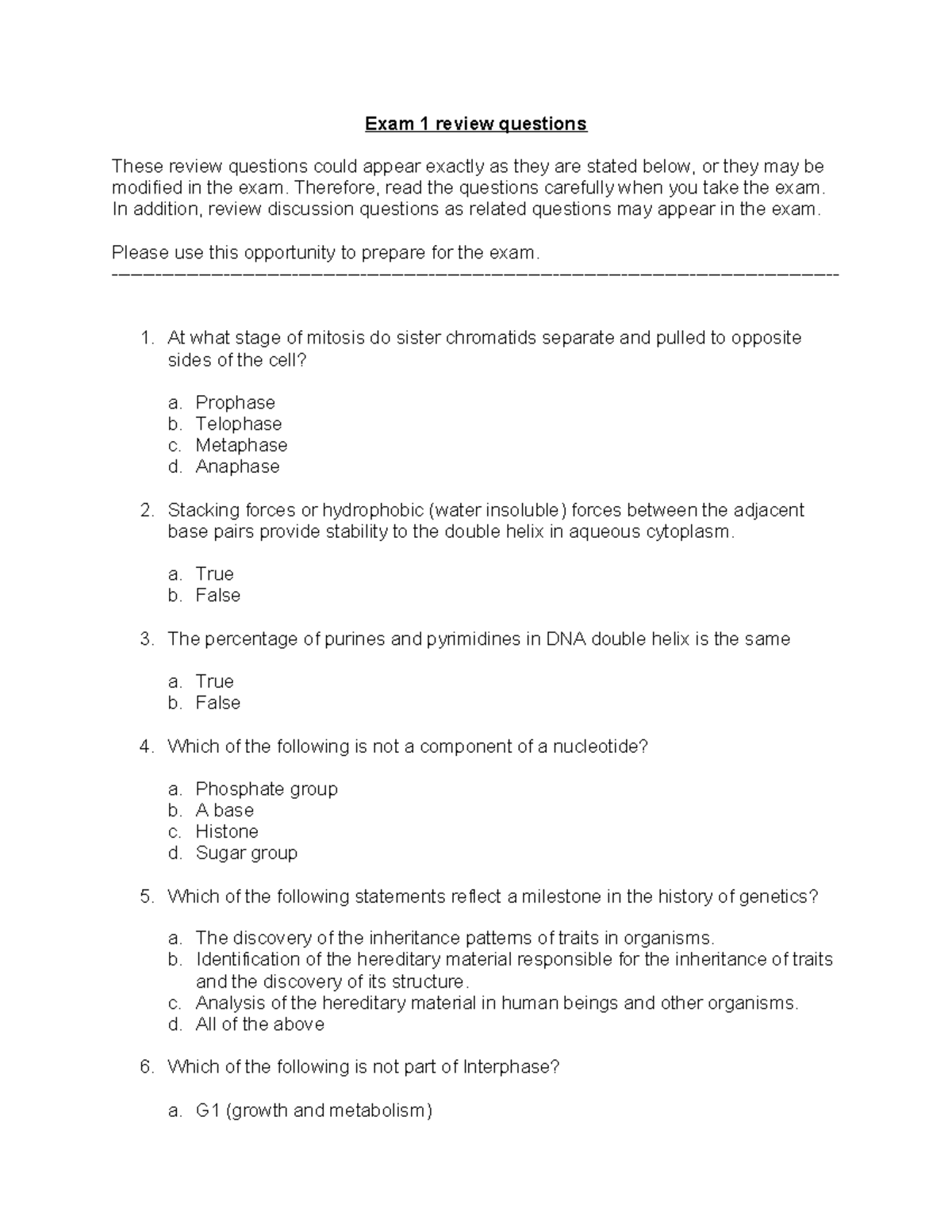 Exam 1 Review Questions for Genetics (BIO101) - Studocu