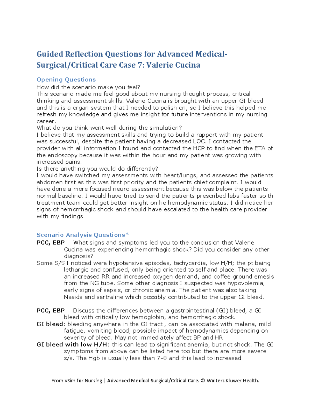 Advanced Med-Surg/Critical Care: Reflection Questions on Valerie Cucina ...