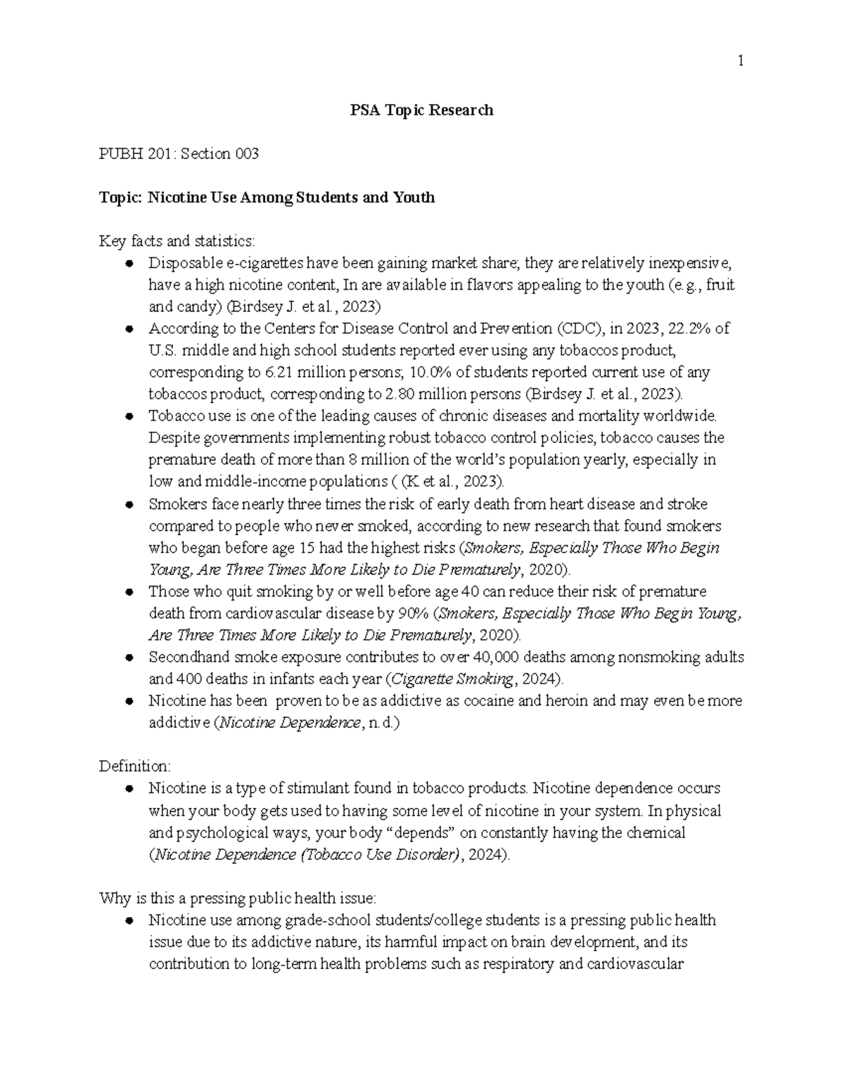 PSA Project Research on Nicotine Use Among Students - PUBH 201 - Studocu