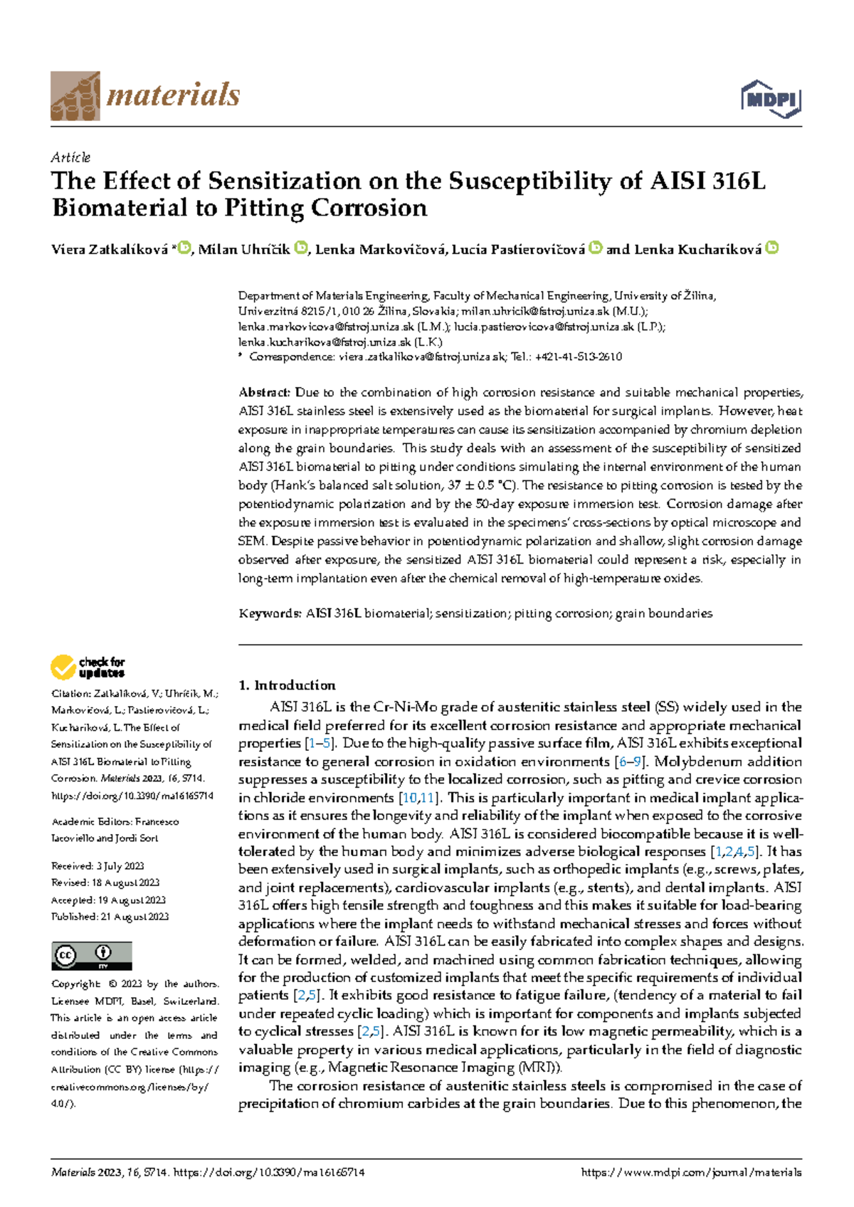 The Effect of Sensitization on AISI 316L Biomaterial's Pitting ...