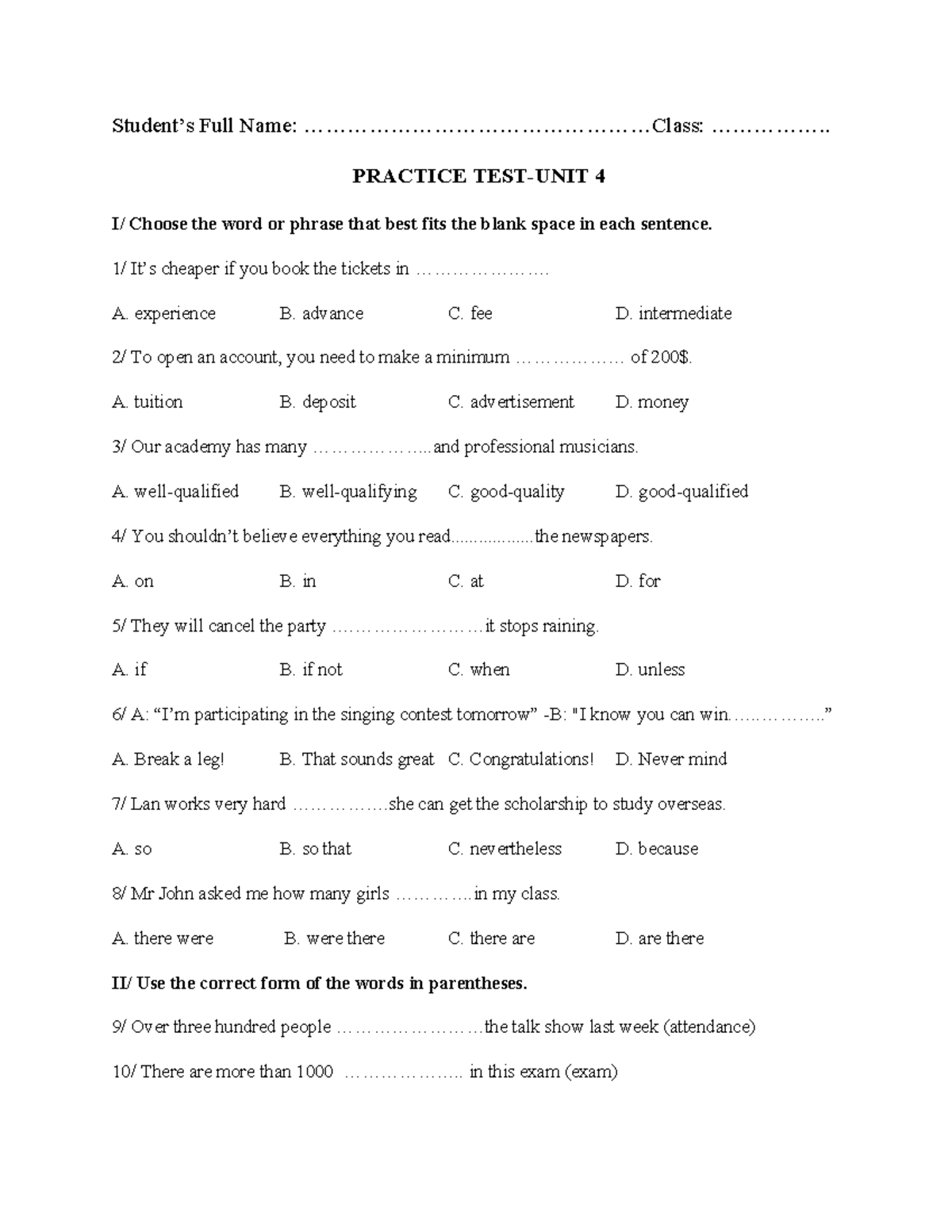 Practice Test 4: Fill in the Blanks and Word Forms - Studocu