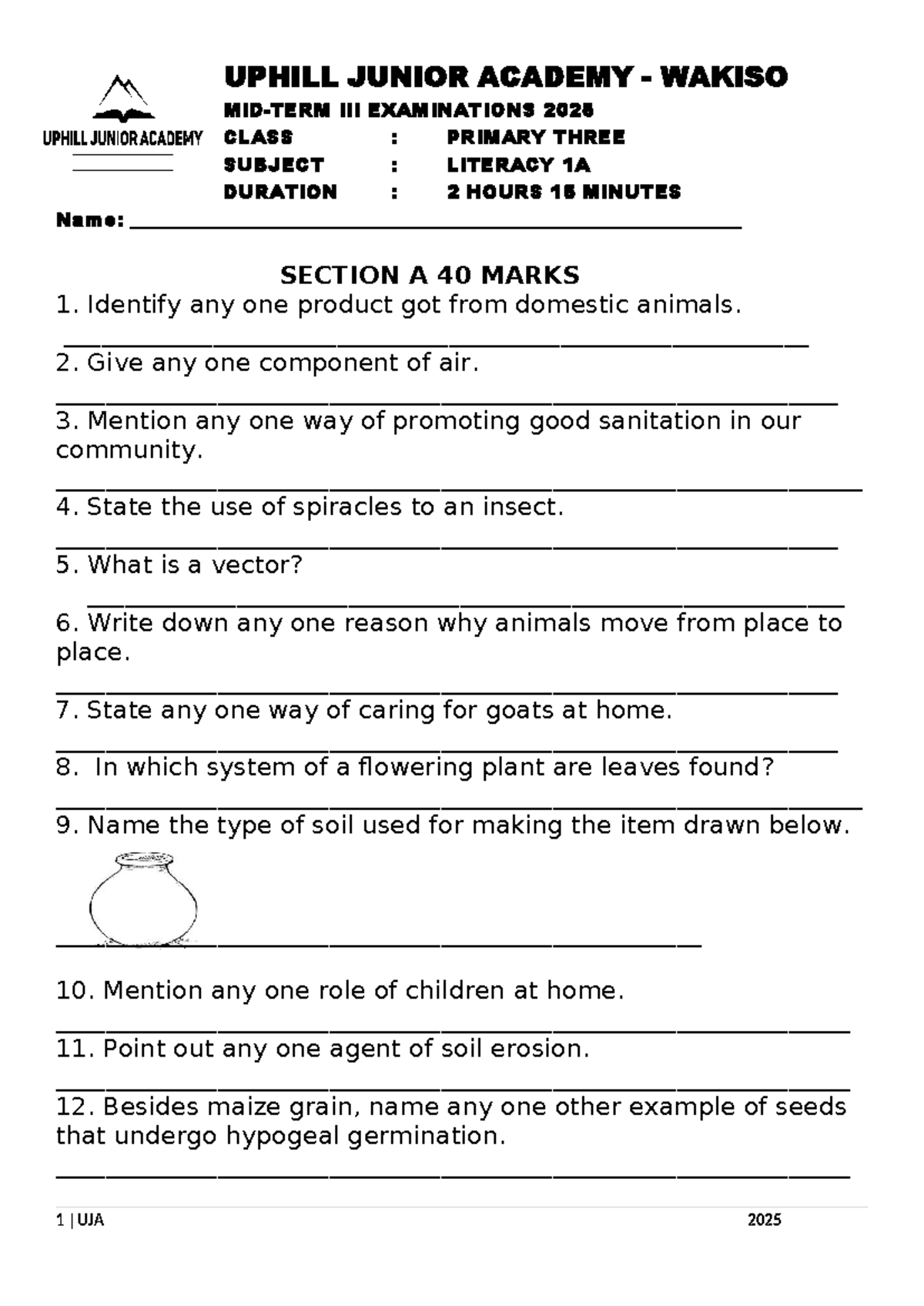 P.3 LIT 1A - UPHILL JUNIOR ACADEMY EXAMINATION 2025 - Studocu