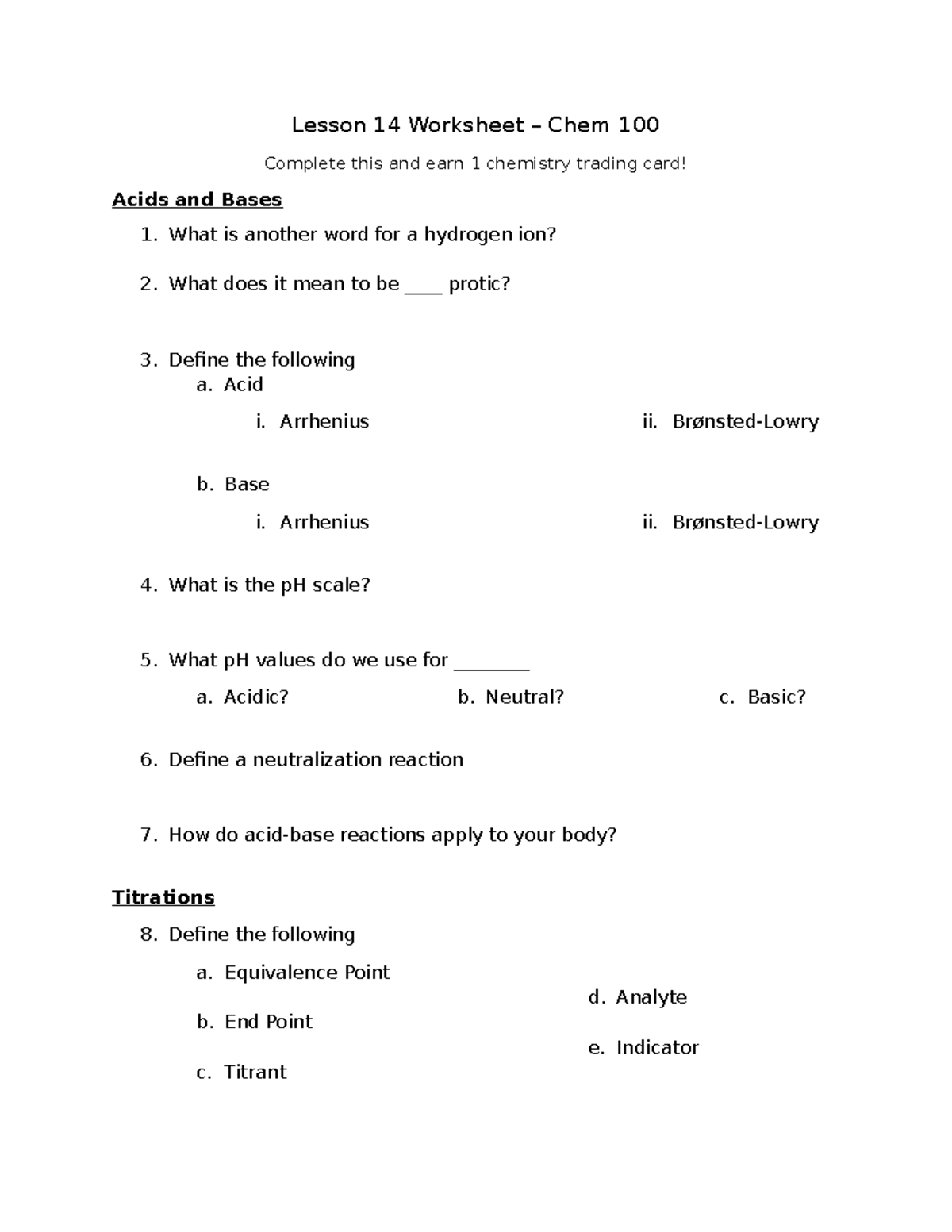 Chem 100 Lesson 14 Worksheet: Acids, Bases, & Titrations - Studocu