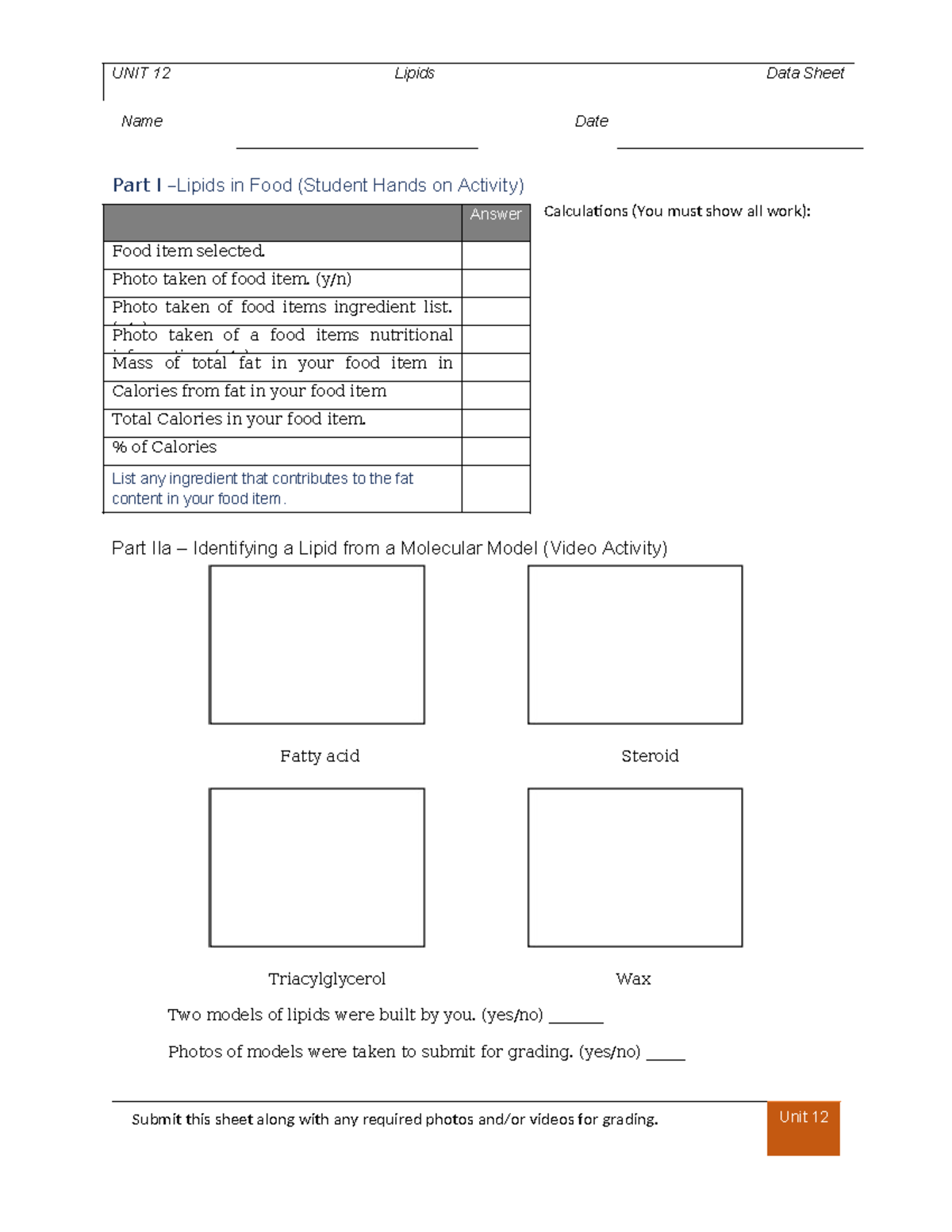 Unit 12 Lipids Data Sheet: Hands-On Activities & Calculations - Studocu