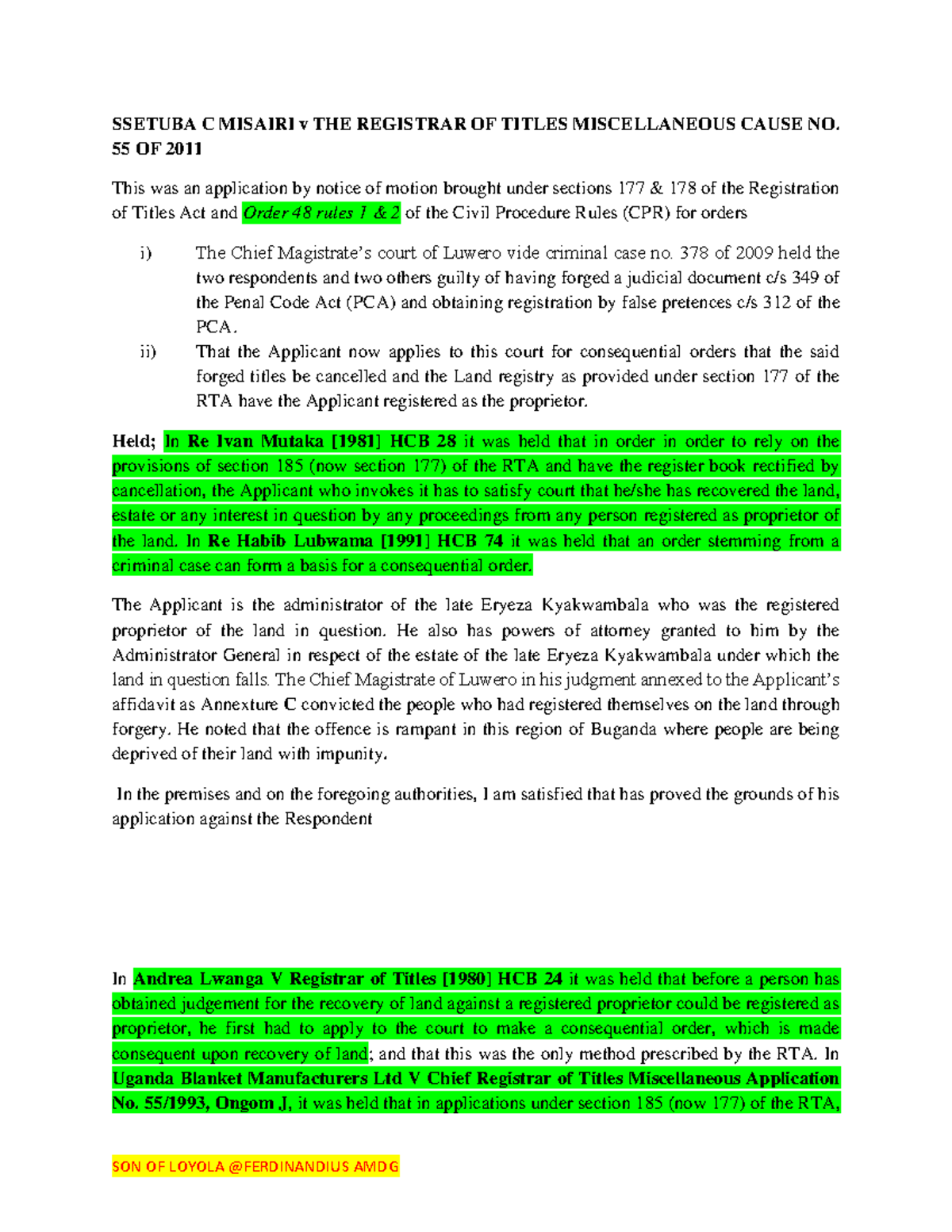 SSETUBA C MISAIRI v THE REGISTRAR OF TITLES: Case Summaries for LAND WK 1 TERM 2 - Studocu