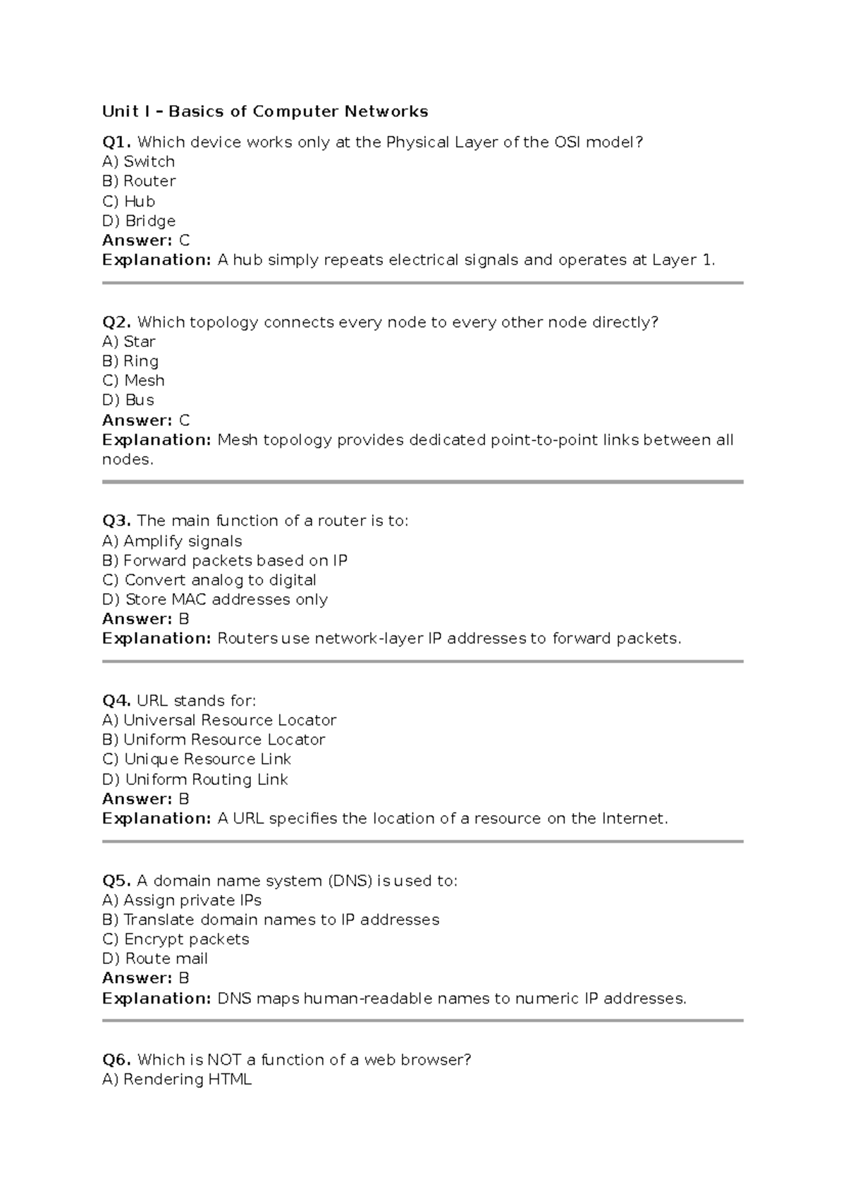 Unit I Basics of Computer Networks: Key Concepts and Q&A - Studocu