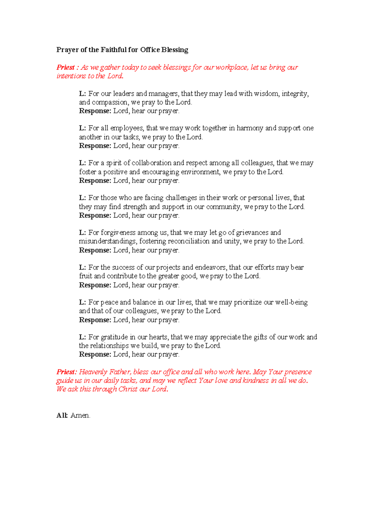Office Blessing: Prayer of the Faithful - Ms. Rein - Studocu