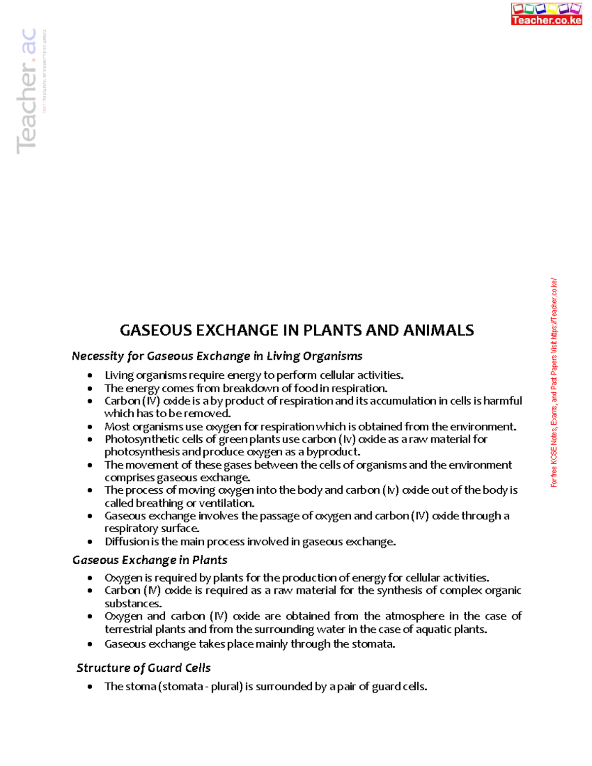 Gaseous Exchange in Plants and Animals: A Comprehensive Overview - Studocu
