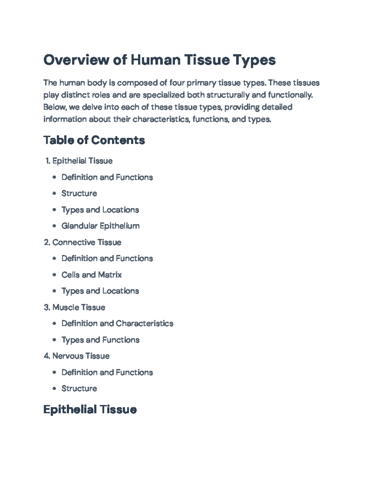 Overview of Human Tissue Types: Structure and Functions - Overview of Human Tissue Types The ...