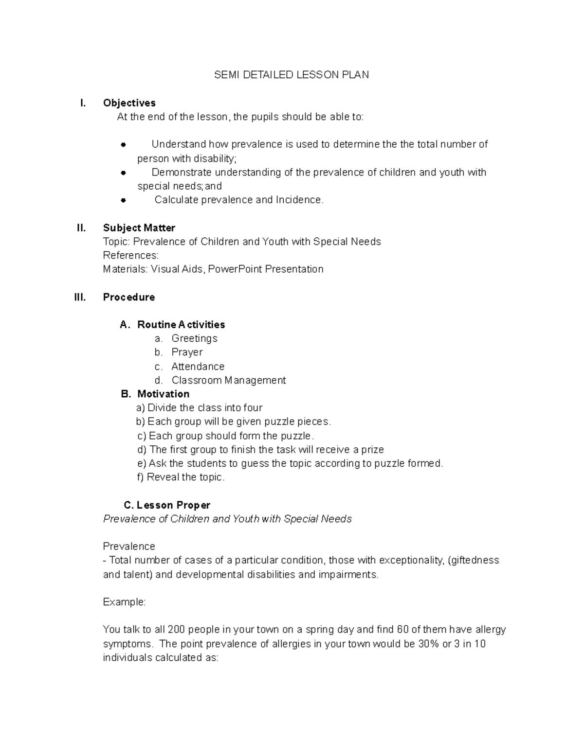 SEMI-DETAILED LESSON PLAN ON PREVALENCE IN CHILDREN & YOUTH - Studocu