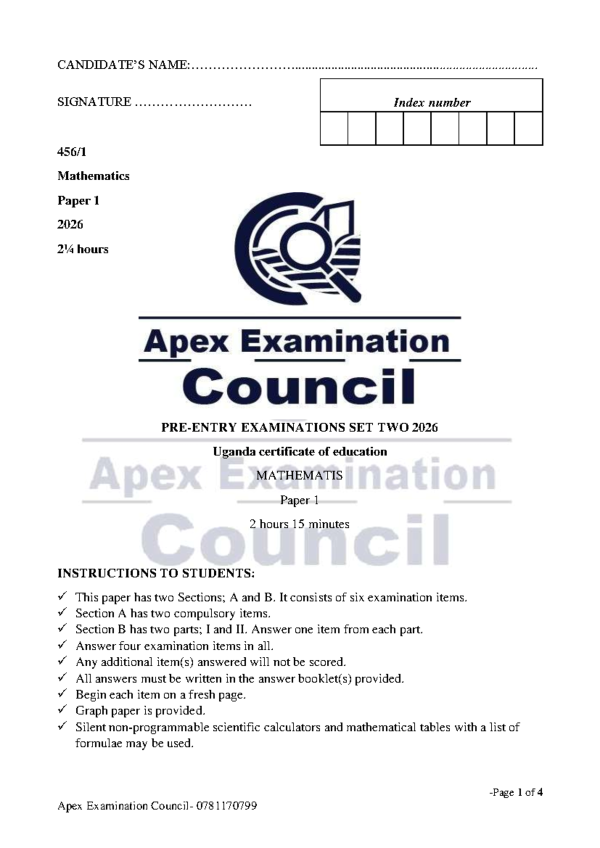 UCE Mathematics Paper 1 Exam 2026 - Detailed Instructions & Tasks - Studocu