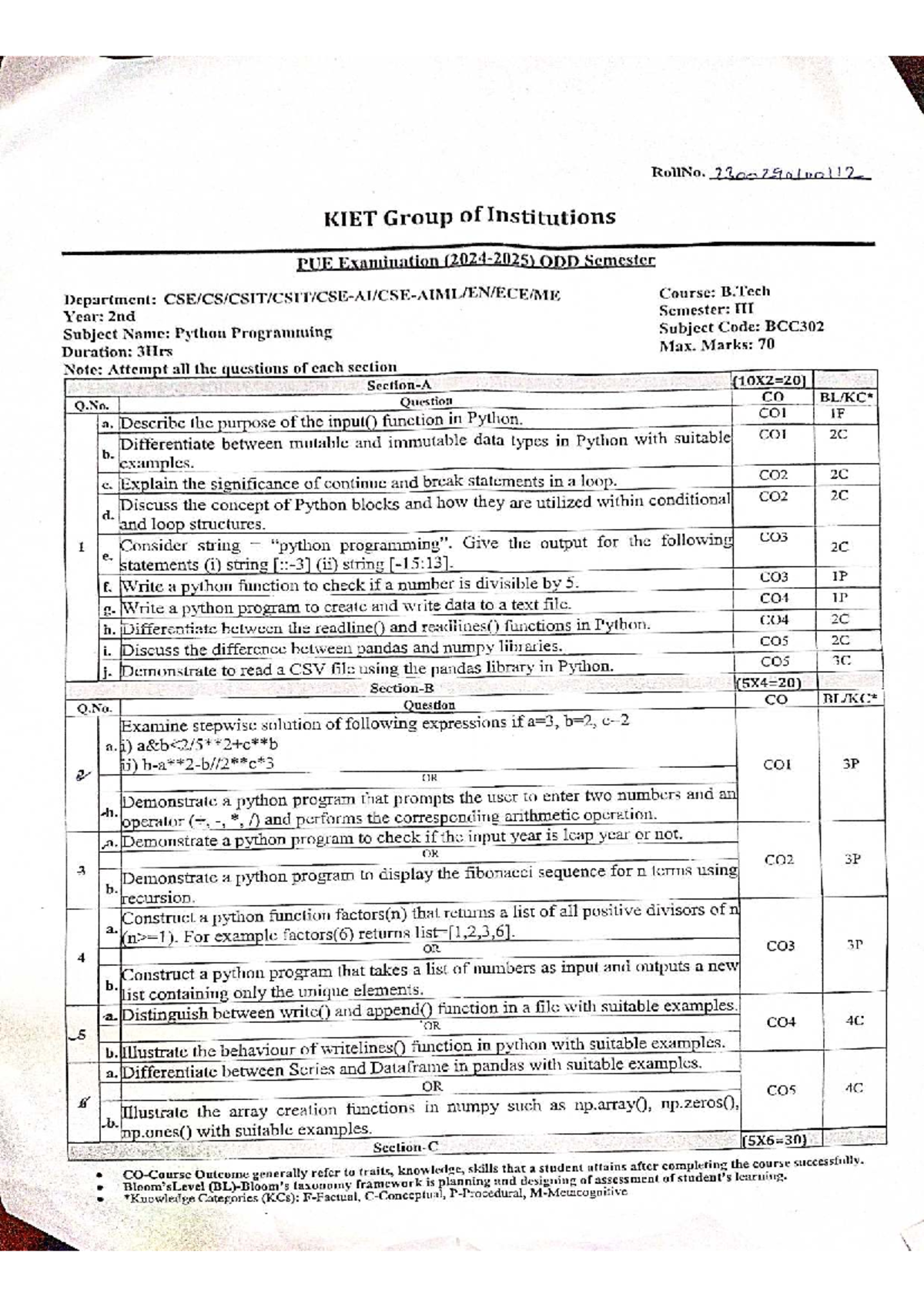 Pue question paper - very - RollNo. KIET Group of Institutions PUE ...