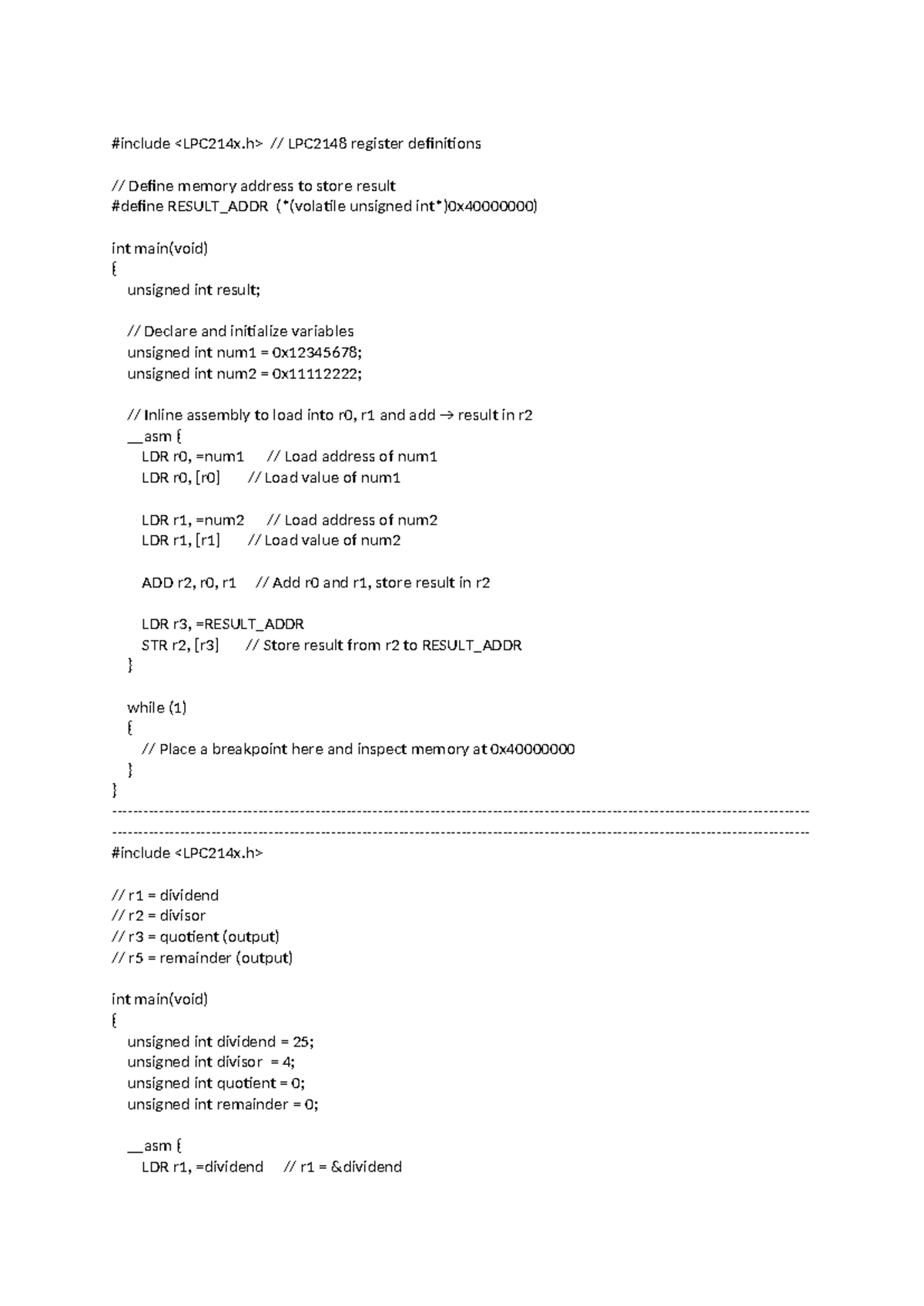 LPC2148 Lab Sample Programs: Register Definitions and Assembly Code ...