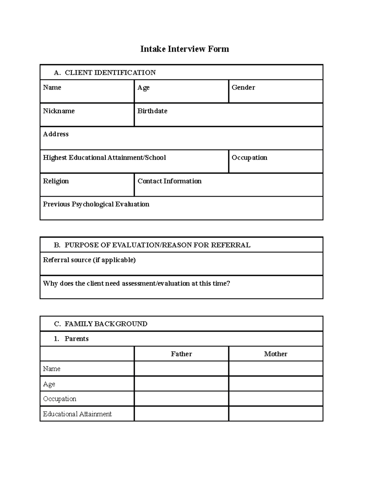 Intake Interview Form - CLIENT IDENTIFICATION Name Age Gender Nickname ...