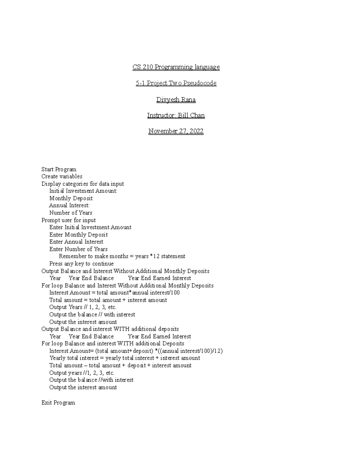 CS 210 Project 2: Pseudocode for Investment Calculation - Studocu