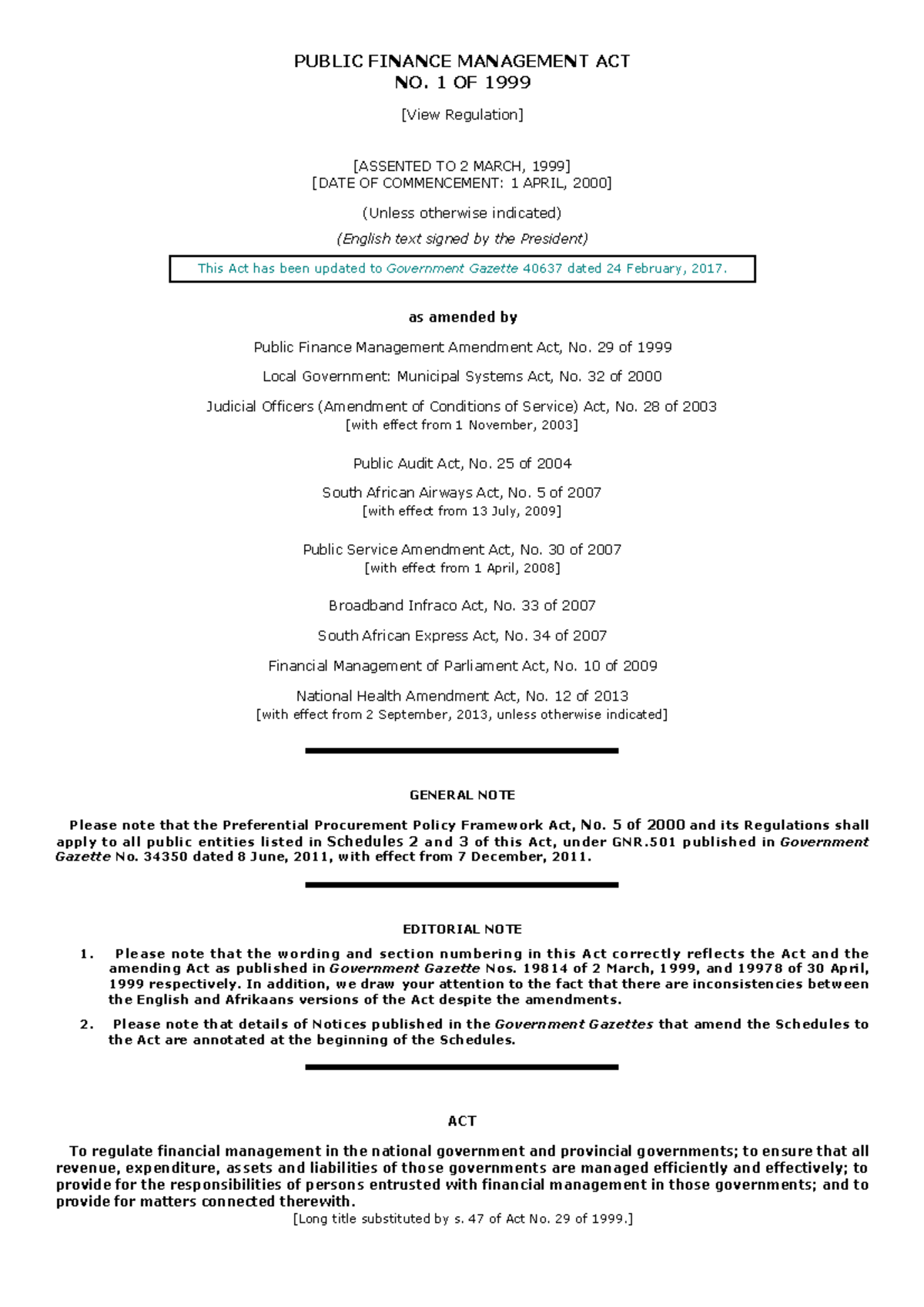 PFMA 1999: Public Finance Management Act and Amendments (Mar 2017 ...