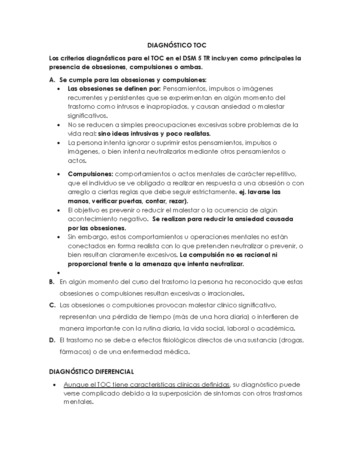 Diagnóstico del TOC según DSM-5 TR: Criterios y Diferenciales - Studocu