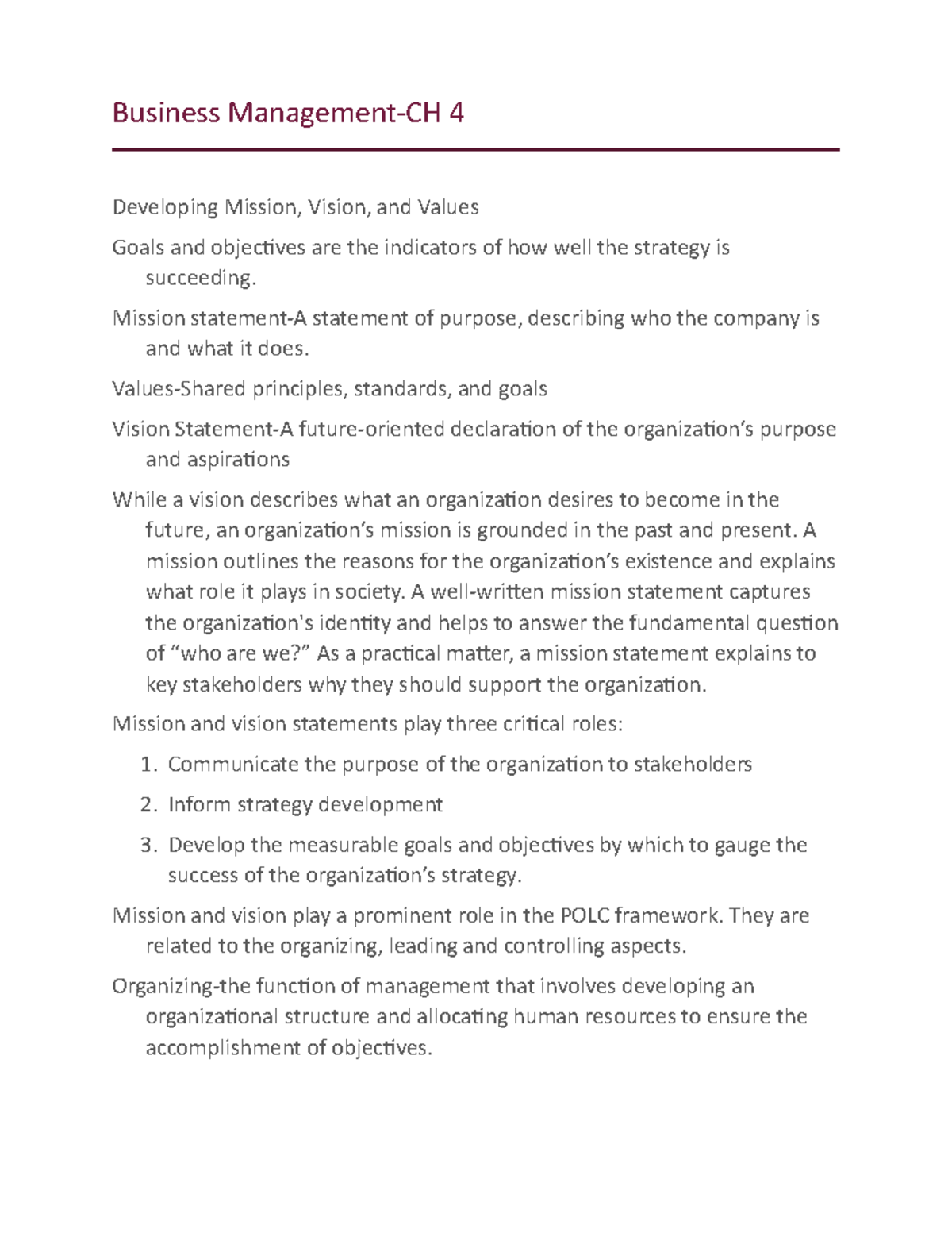 Business Management CH 4: Mission, Vision, and Values Overview - Studocu