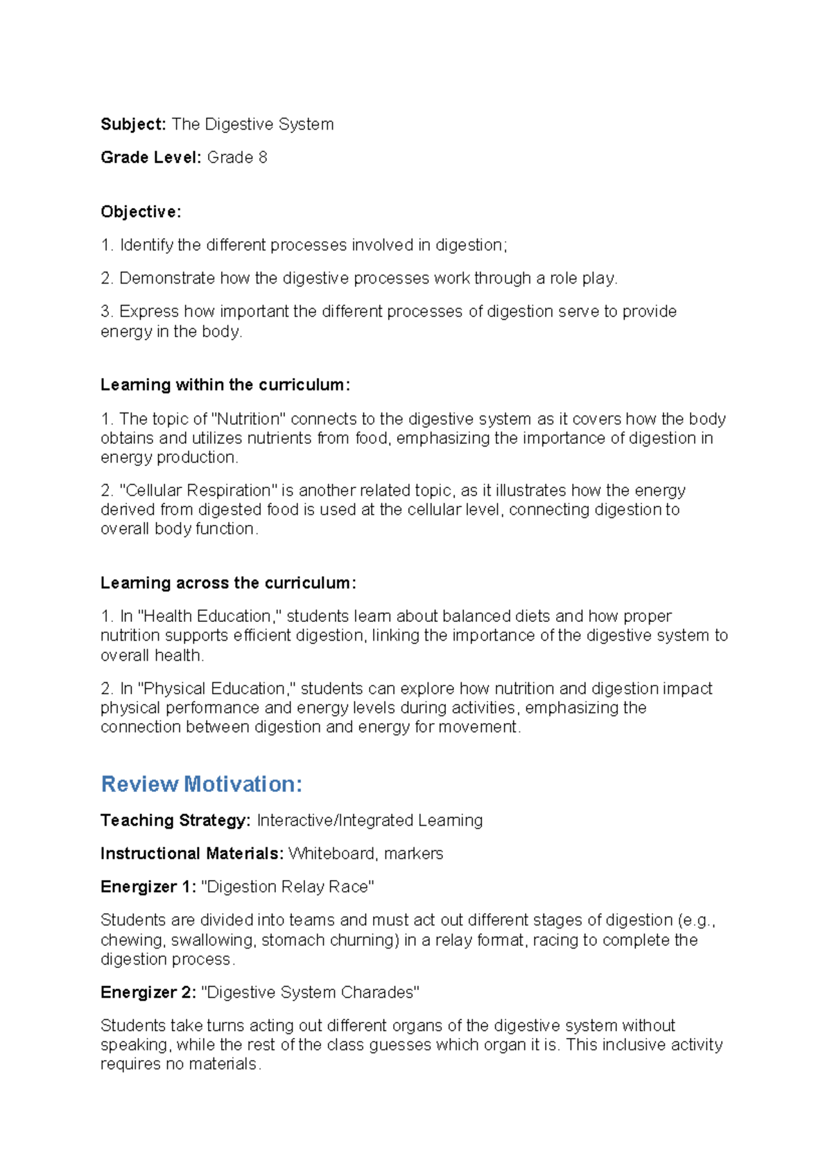 Title: Grade 8 Lesson Plan: Understanding the Digestive System ...