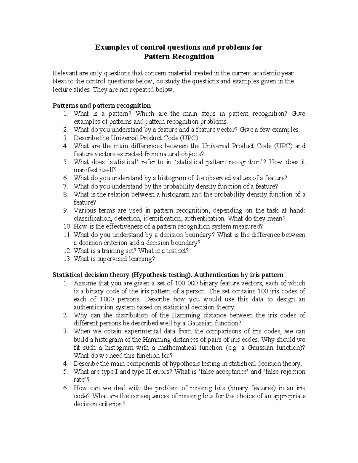 Example Exam questions - Examples of control questions and problems for ...