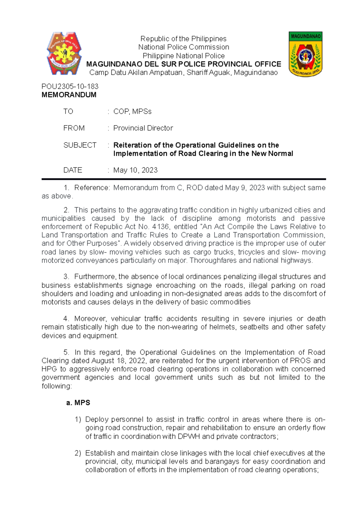 POU2305-10: Operational Guidelines for Road Clearing Operations - Studocu