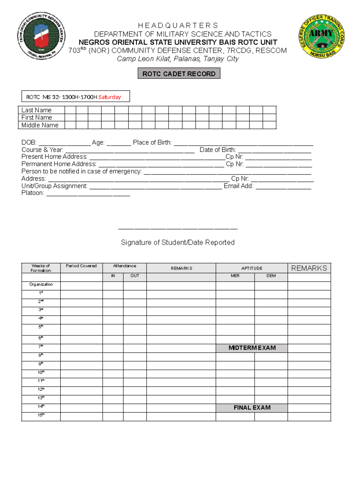 ROTC Cadet Record - Military Science & Tactics (MIDTERM & FINAL) - Studocu