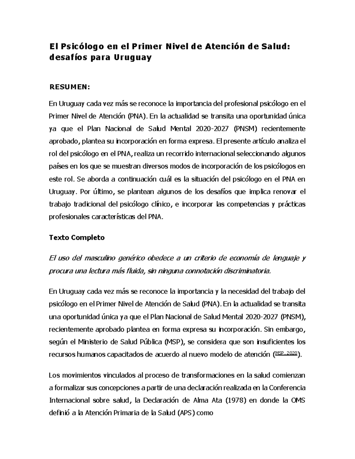 El Psicólogo en el PNA: Desafíos y Oportunidades en Uruguay - Studocu
