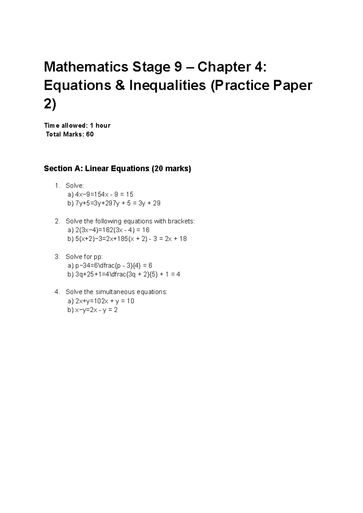 Mathematics Stage 9: Chapter 4 Equations & Inequalities Practice Paper ...