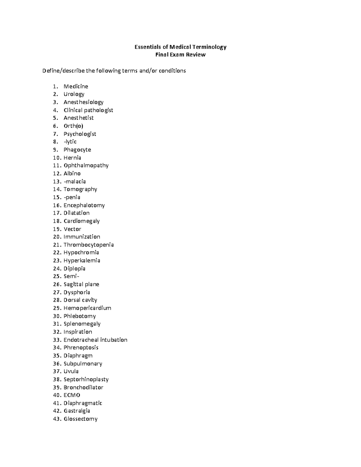 Essentials of Medical Terminology MED 101 Final Exam Review Guide - Studocu