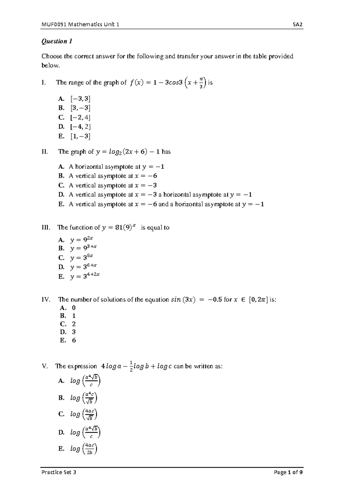 MUF0091 Mathematics Unit 1 SA2 Practice Set 3 Questions and Solutions ...