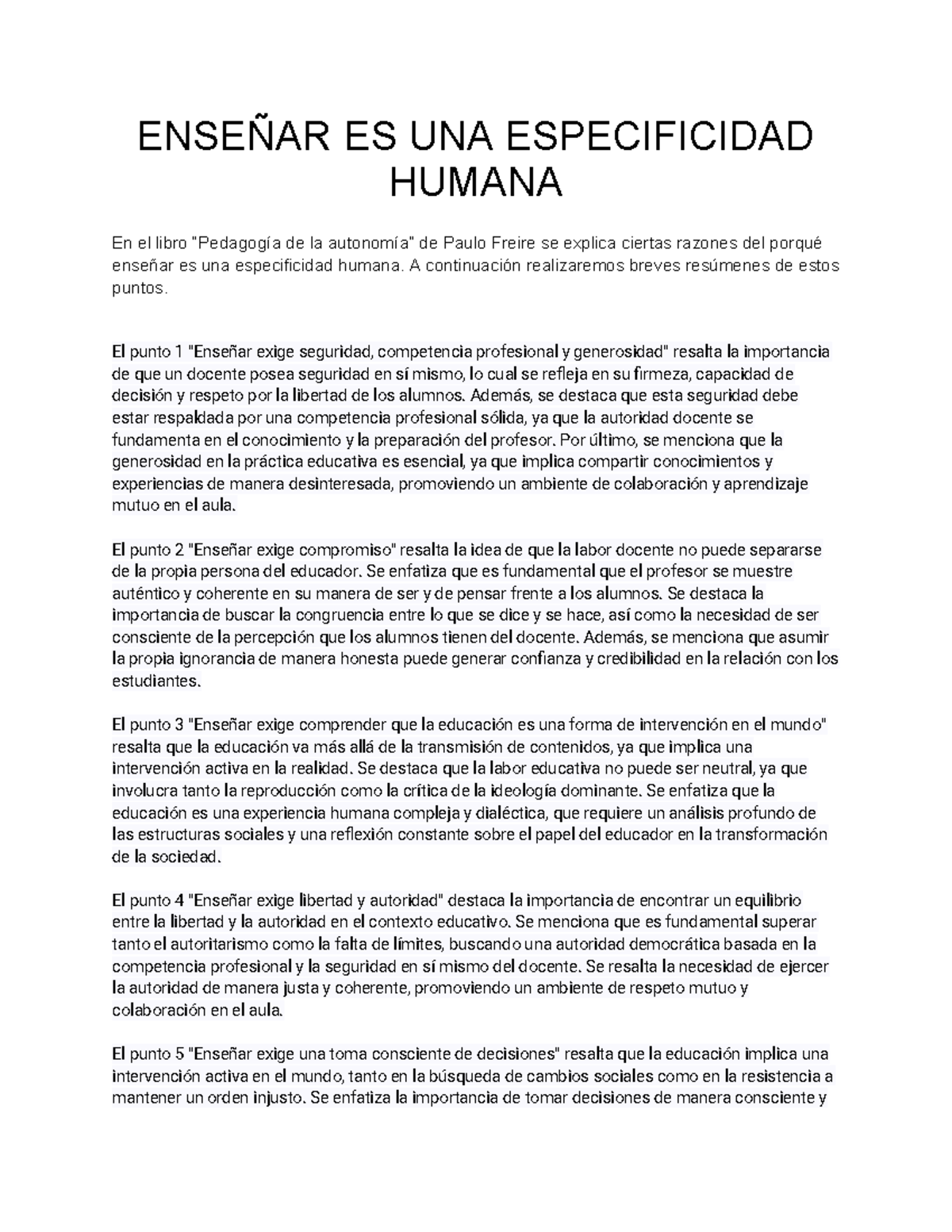 Ensayo sobre la Especificidad Humana de Enseñar según Freire - Studocu