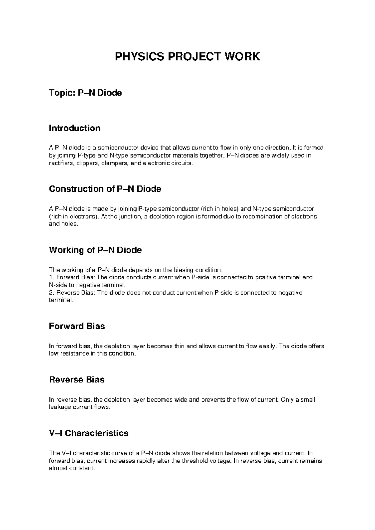 PHYSICS PROJECT WORK: Understanding P-N Diodes - Studocu