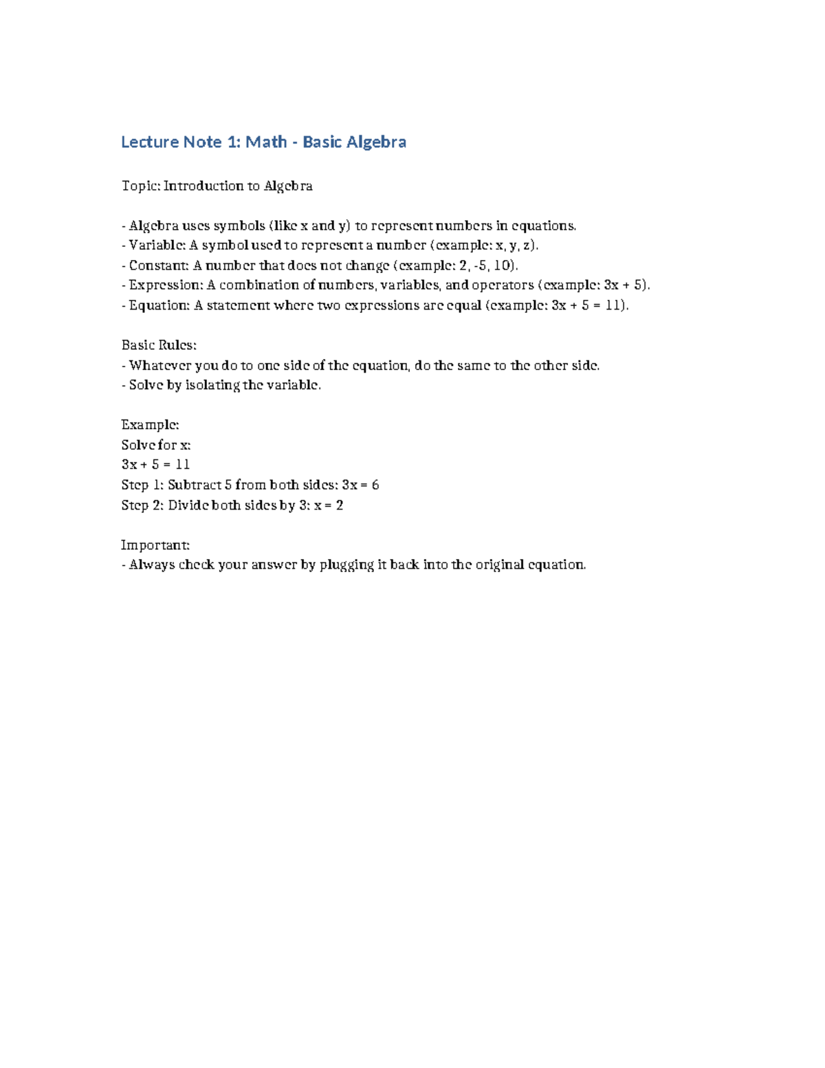Lecture Note 1: Intro to Basic Algebra Concepts and Rules - Studocu