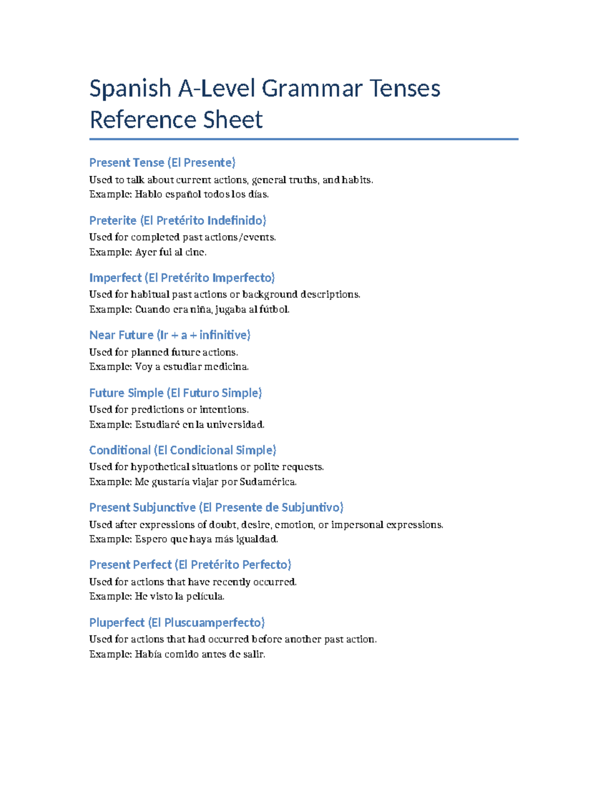 A-Level Spanish Grammar Tenses Reference Sheet for Students - Studocu