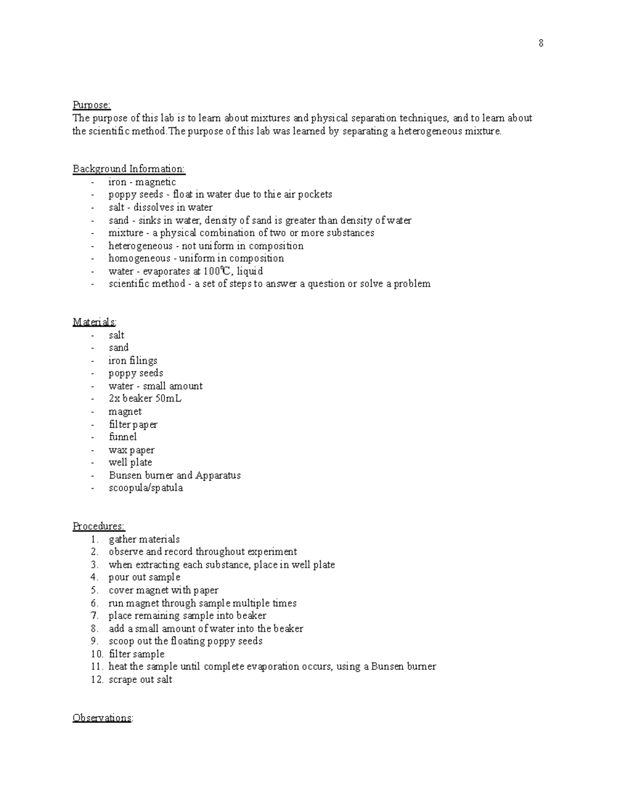 Lab Report: Separating Mixtures - Techniques & Observations (CHEM 101) - Studocu