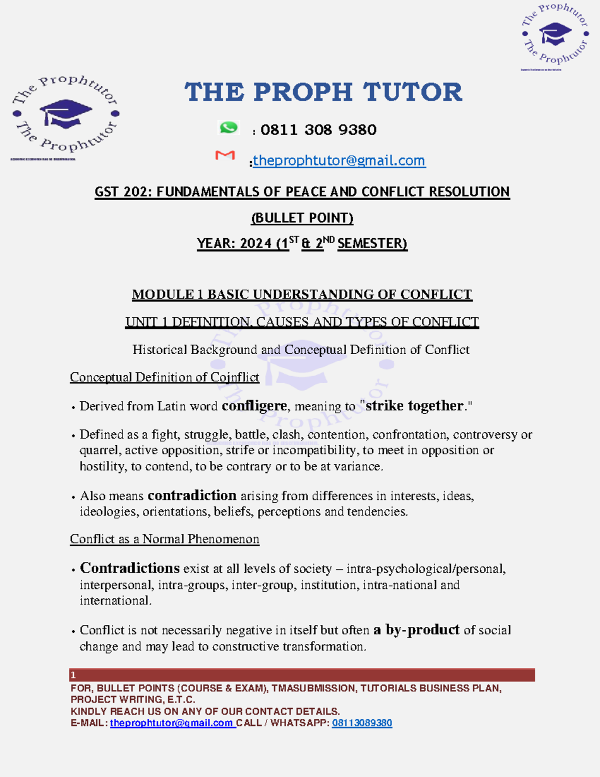 GST 202 Bullet Points: Fundamentals of Peace & Conflict Resolution 2024 ...