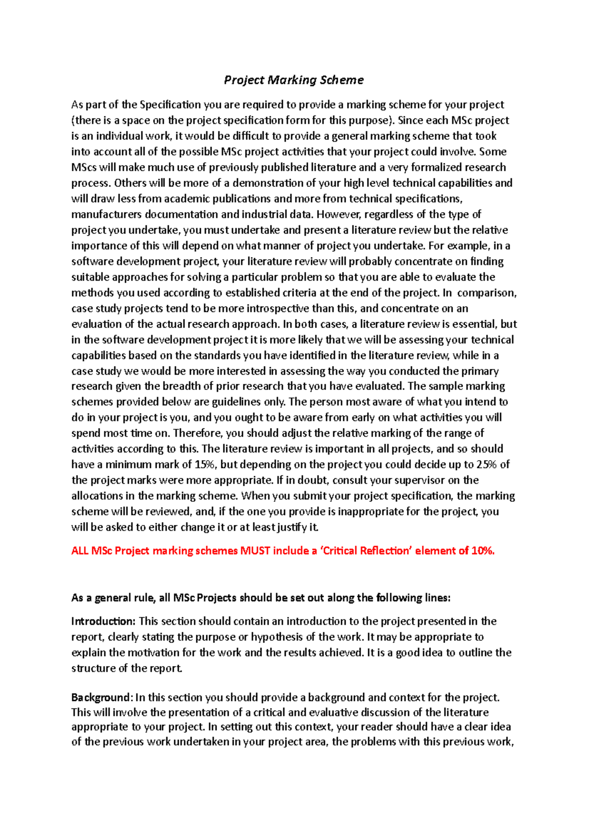 Project Marking Scheme examples - Project Marking Scheme As part of the ...